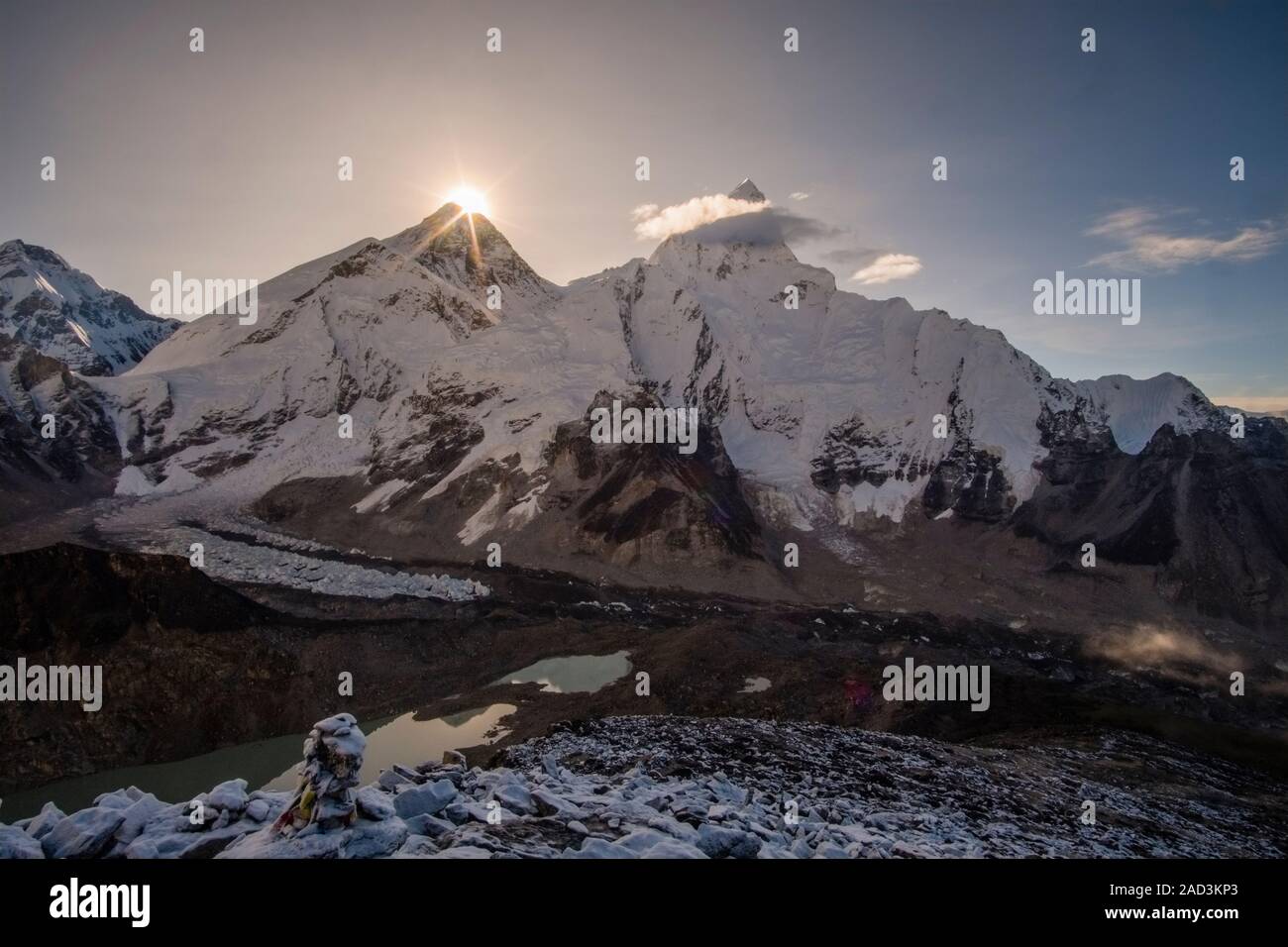 The summits of Mt. Everest and Mt. Nuptse above Khumbu glacier, sun ...
