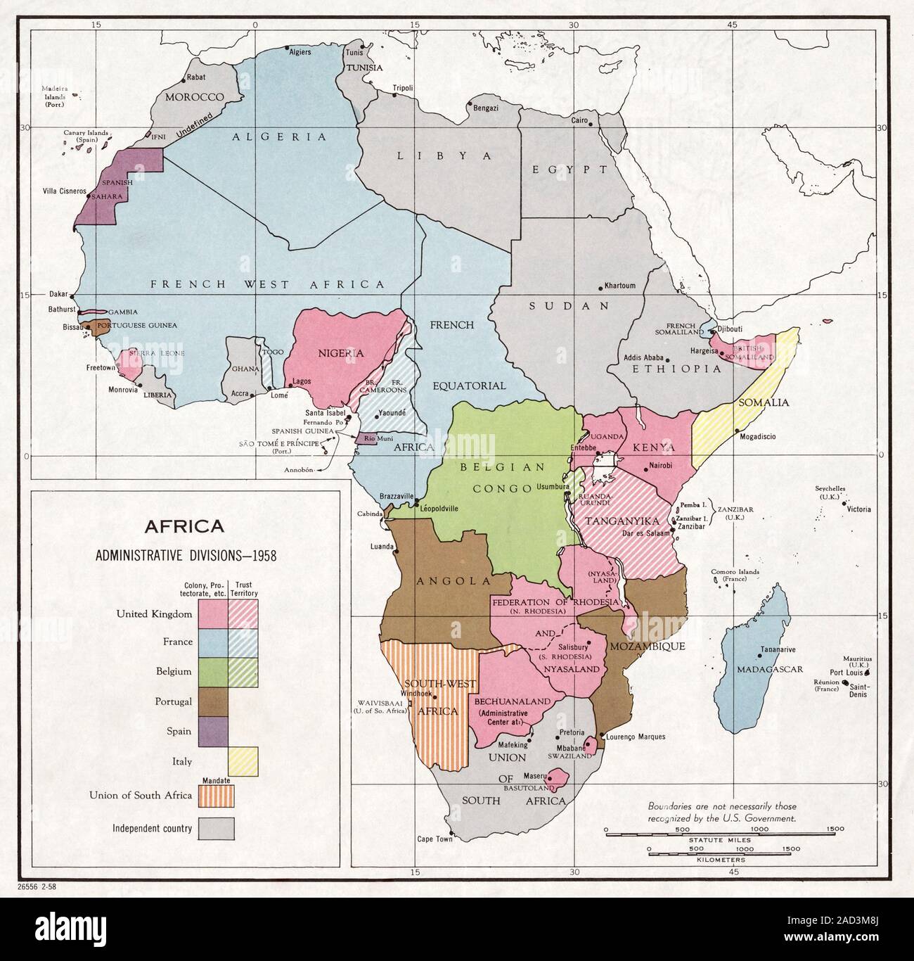 Administrative divisions of Africa. Political map from 1958 showing ...