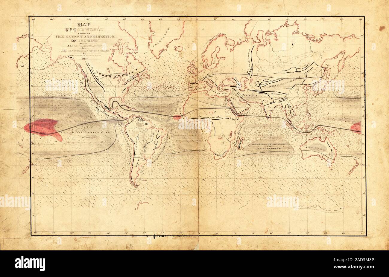 Global circumnavigation. 19th-century world map showing the wind ...