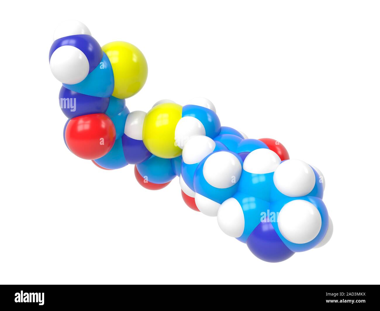 Ceftobiprole molecule. Computer illustration showing the molecular structure of ceftobiprole ...