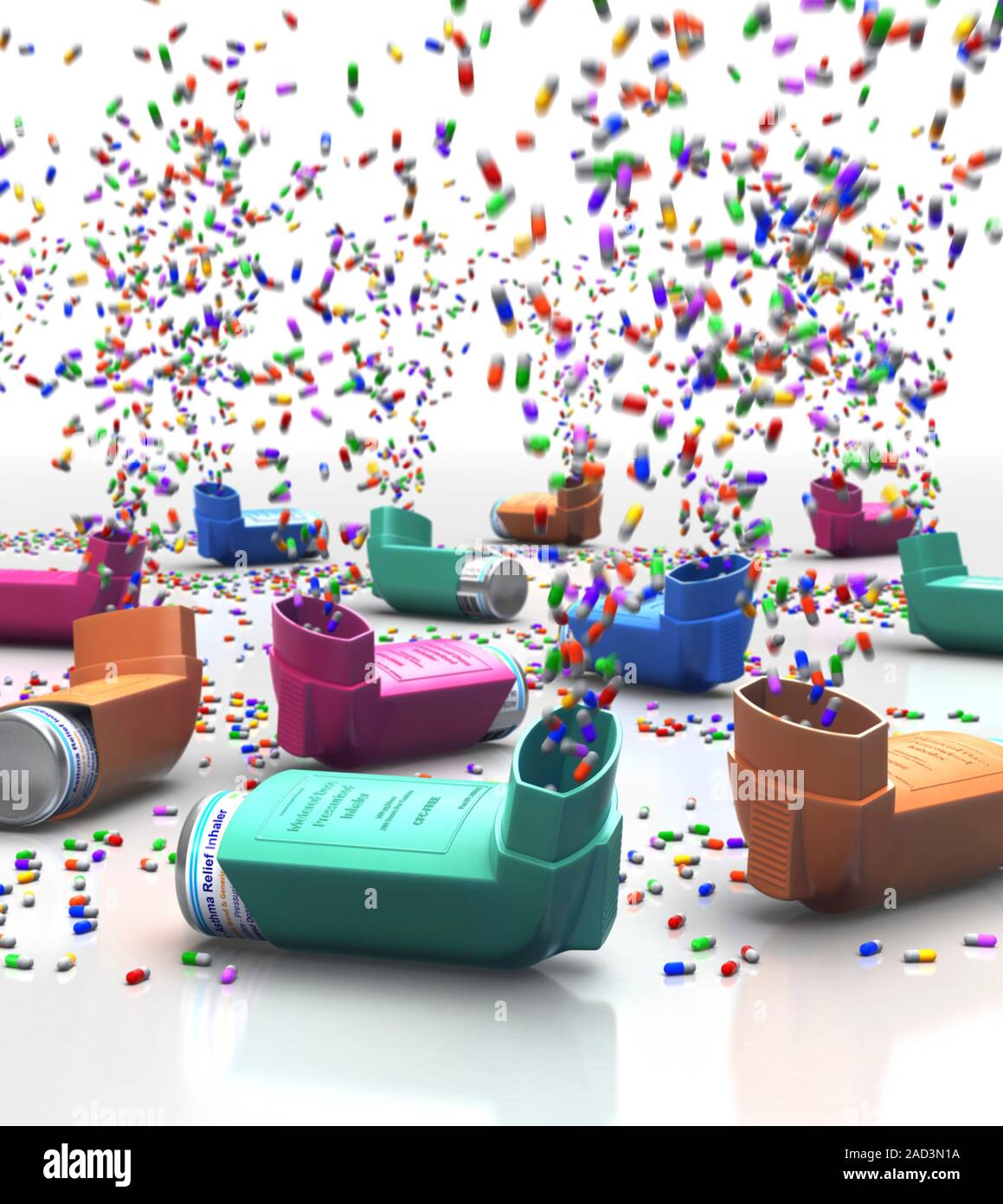 Inhalers and drugs. Conceptual illustration of numerous inhalers ...