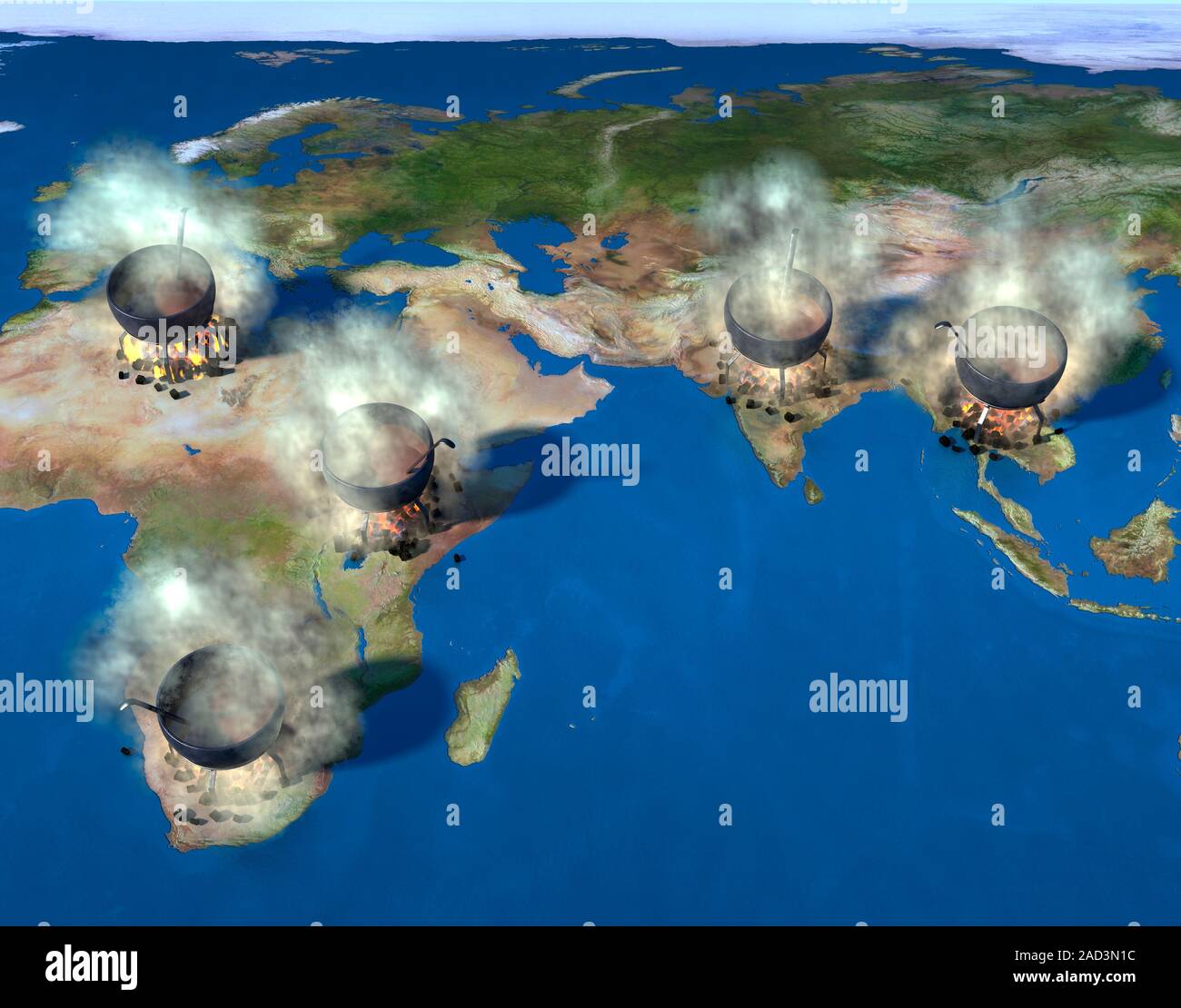 An illustrated map showing areas of the world where open fires are ...