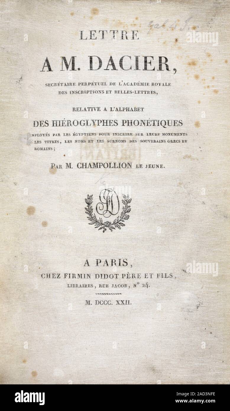 Champollion letter on hieroglyphics. Title page of the 1822 booklet ...
