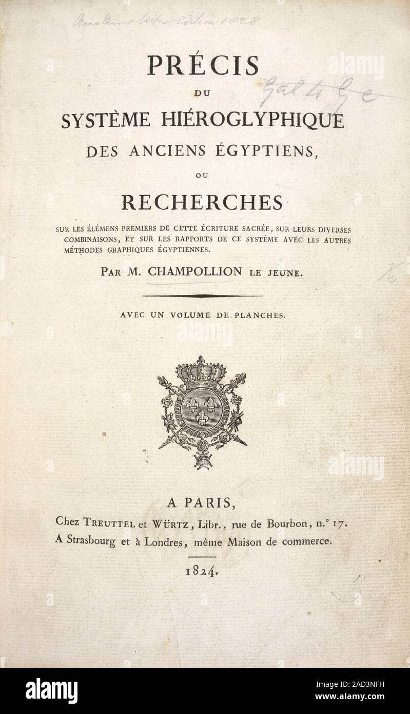 Champollion book on hieroglyphics. Title page of the 1824 book ...