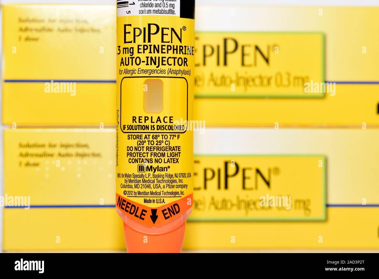 Adrenaline injector. Close-up of an epinephrine autoinjector (EpiPen ...