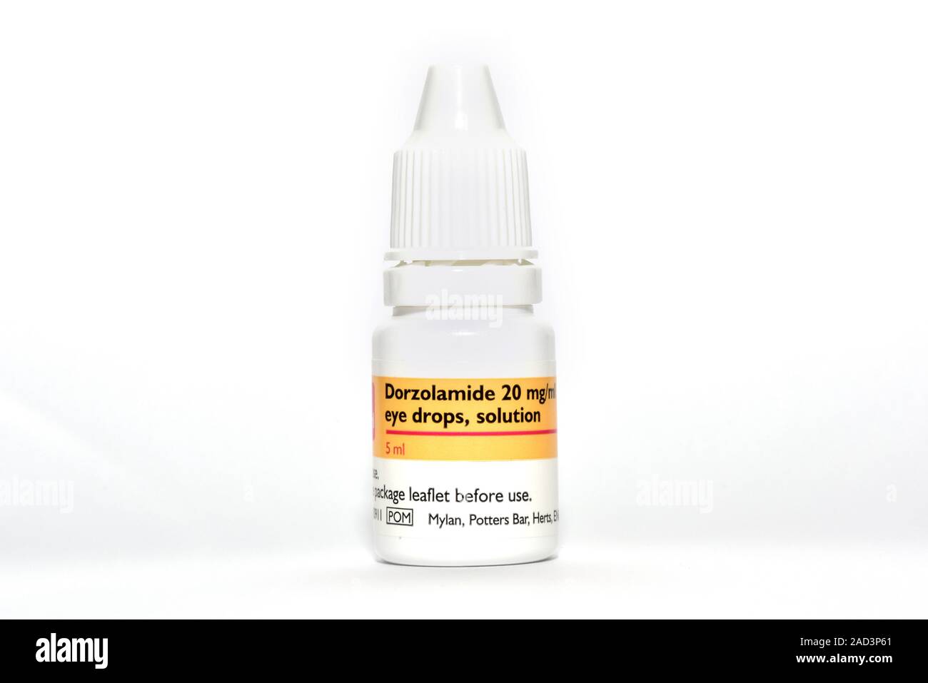 Glaucoma eye drops. Bottle containing dorzolamide eye drops used to ...