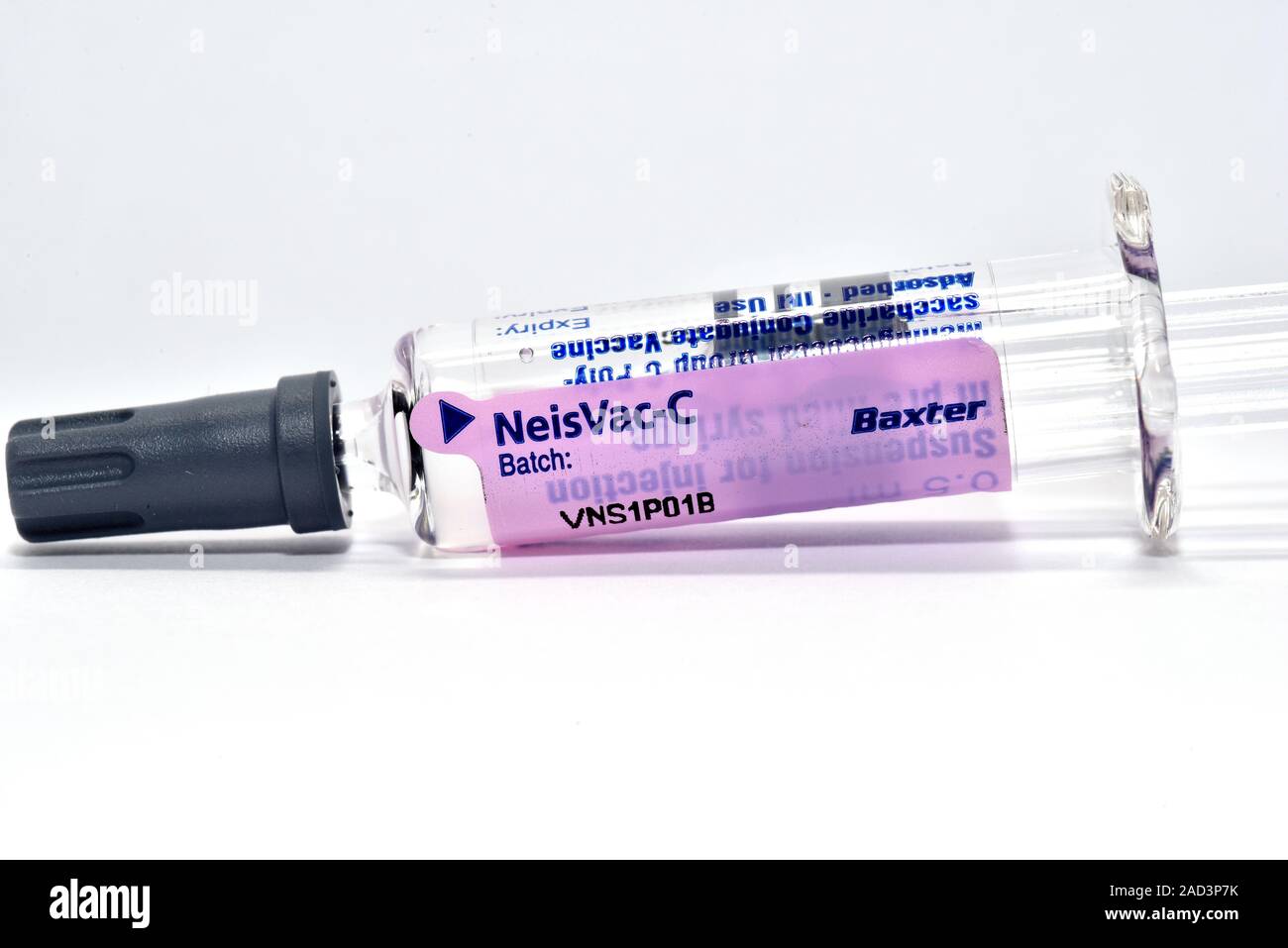 Meningitis C vaccine. Syringe containing NeisVac vaccine for ...