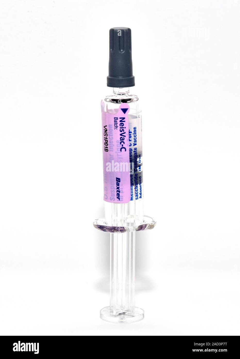 Meningitis C vaccine. Syringe containing NeisVac vaccine for ...