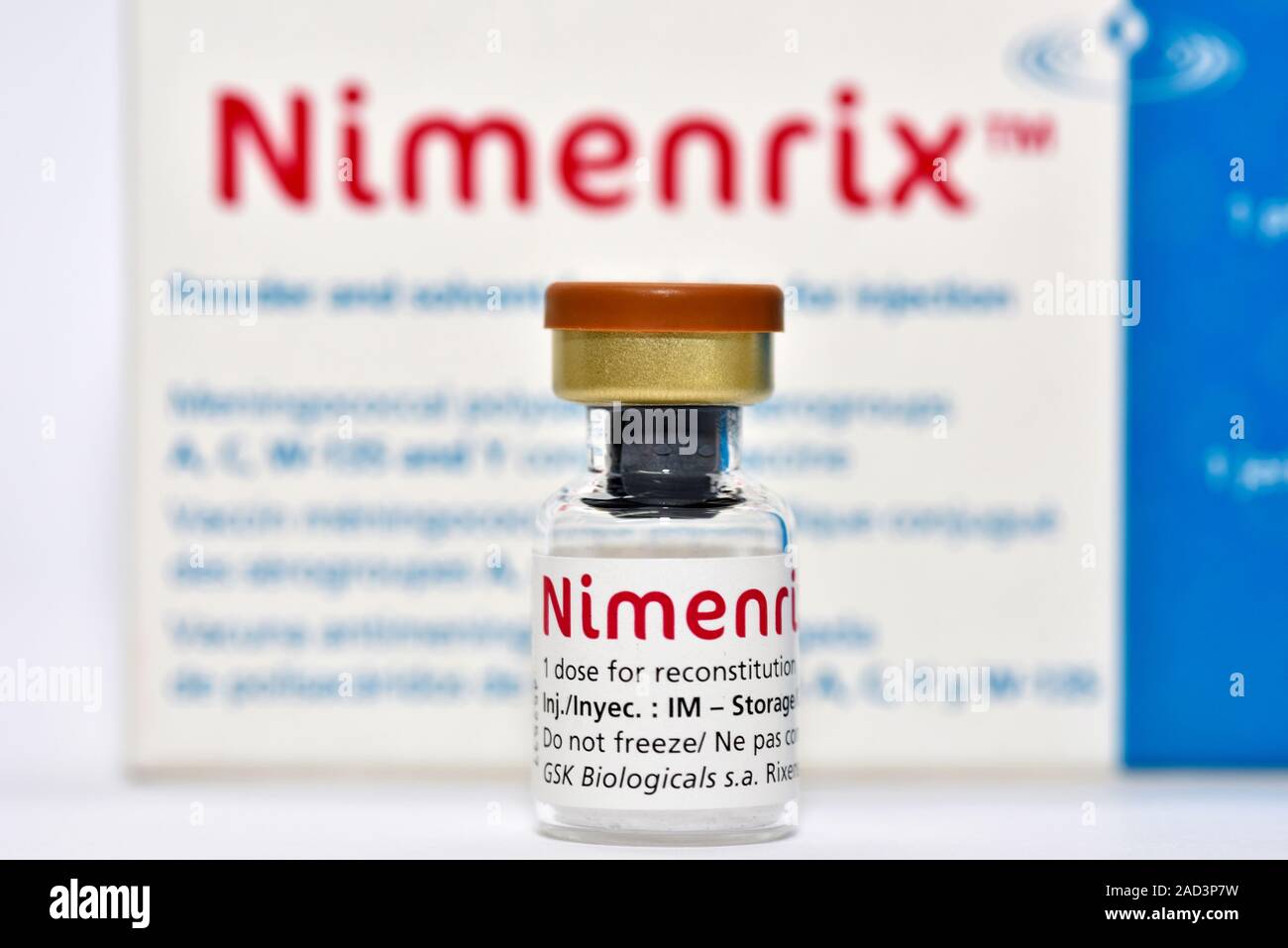 Meningitis vaccine. Vial of Nimenrix vaccine for injection. Nimenrix ...