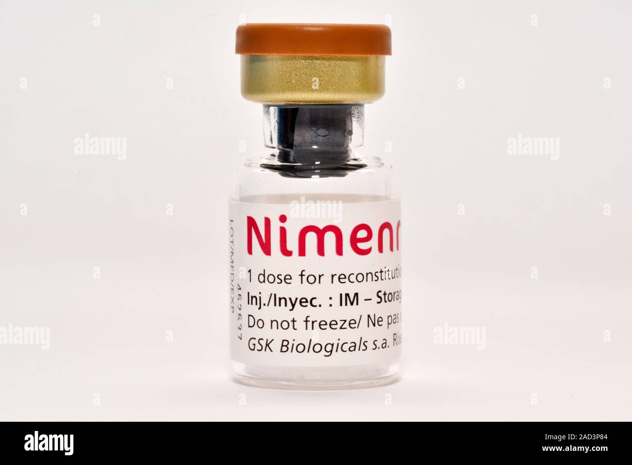 Meningitis vaccine. Vial of Nimenrix vaccine for injection. Nimenrix ...