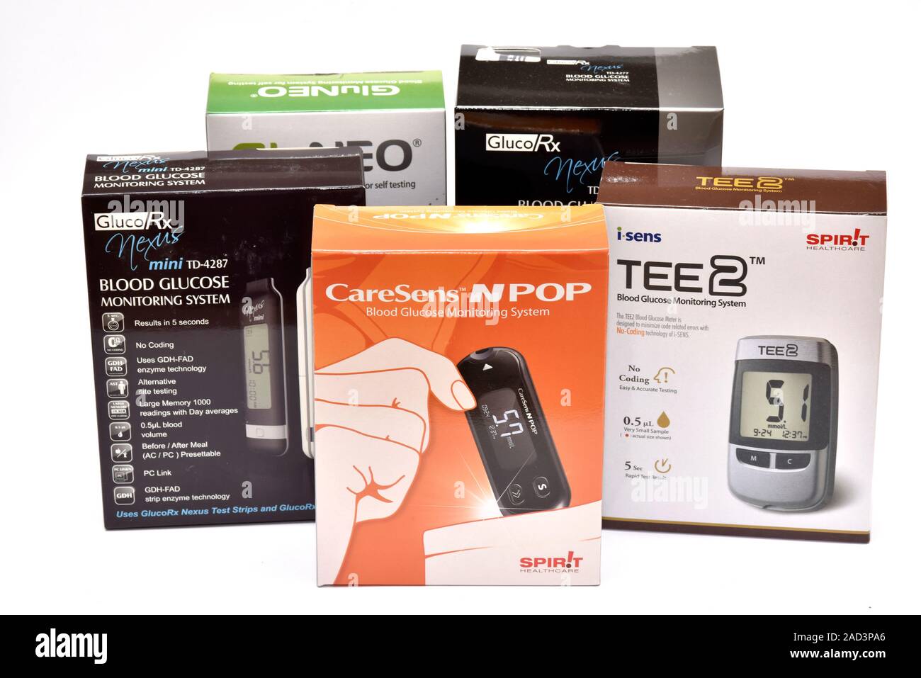 Blood glucose monitors. Assorted digital monitors (glucometers) for ...