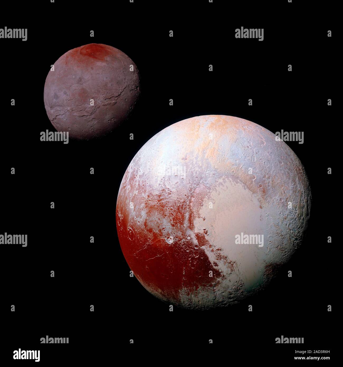 Pluto and Charon. Colour-enhanced composite image of dwarf planet Pluto ...