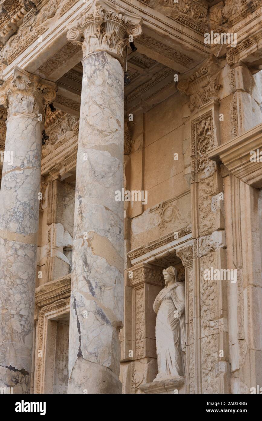 Restored facade of the Library of Celsus, Ephesus, Selcuk, Turkey. It ...