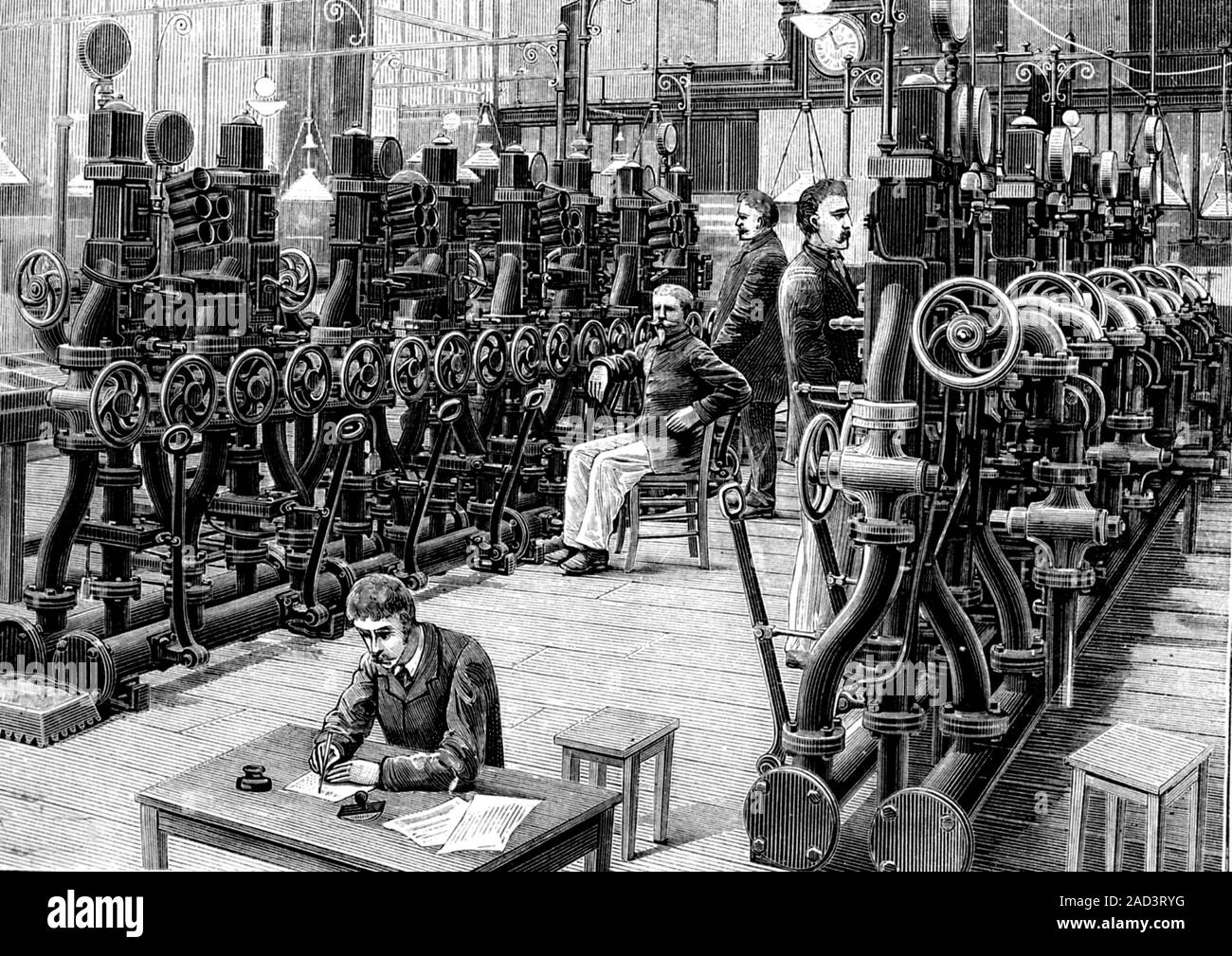 19th Century pneumatic telegram room. 1890 illustration of men working ...