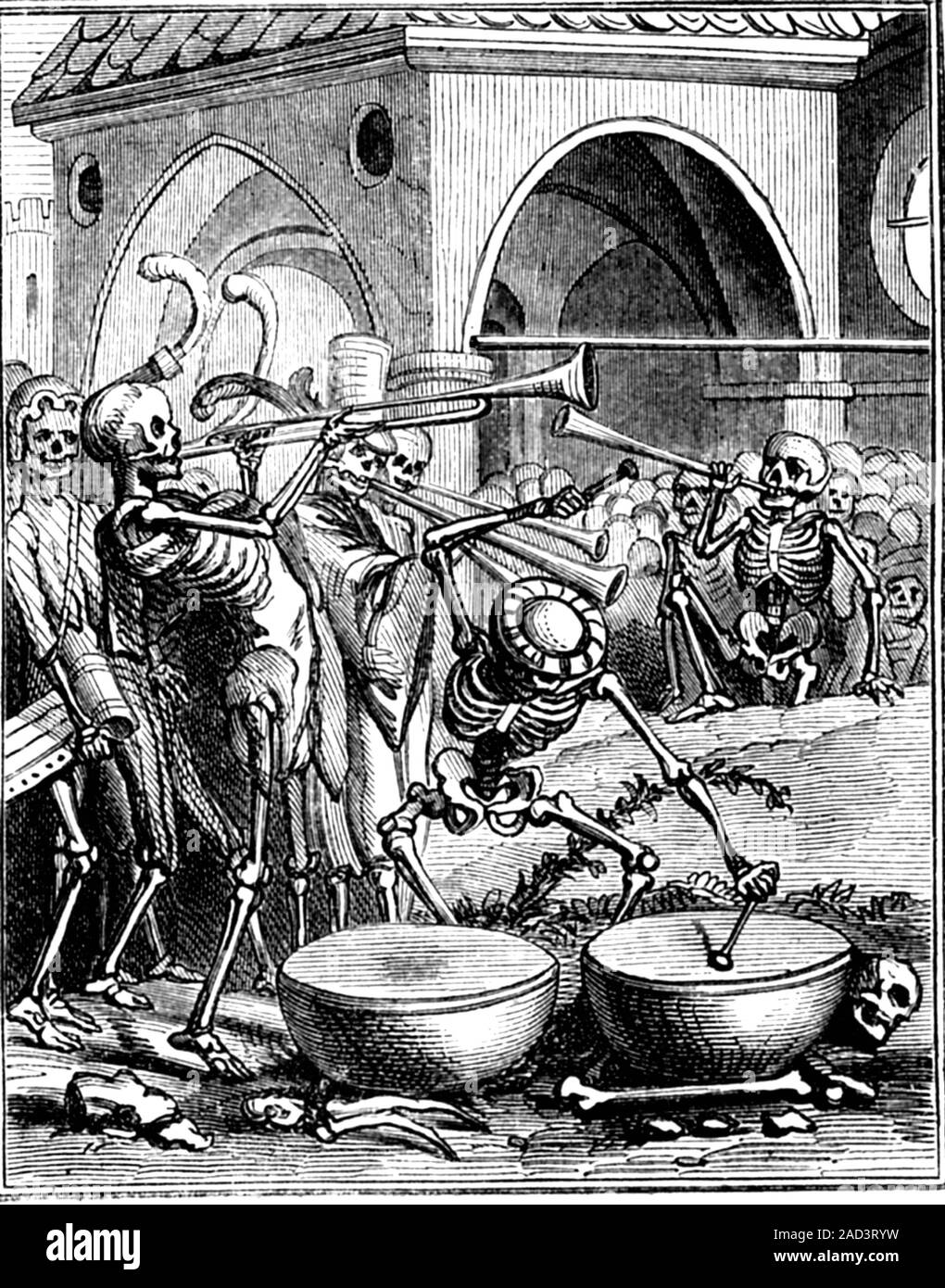 Death playing a drum. 1889 engraving from a 15th-16th Century painting ...