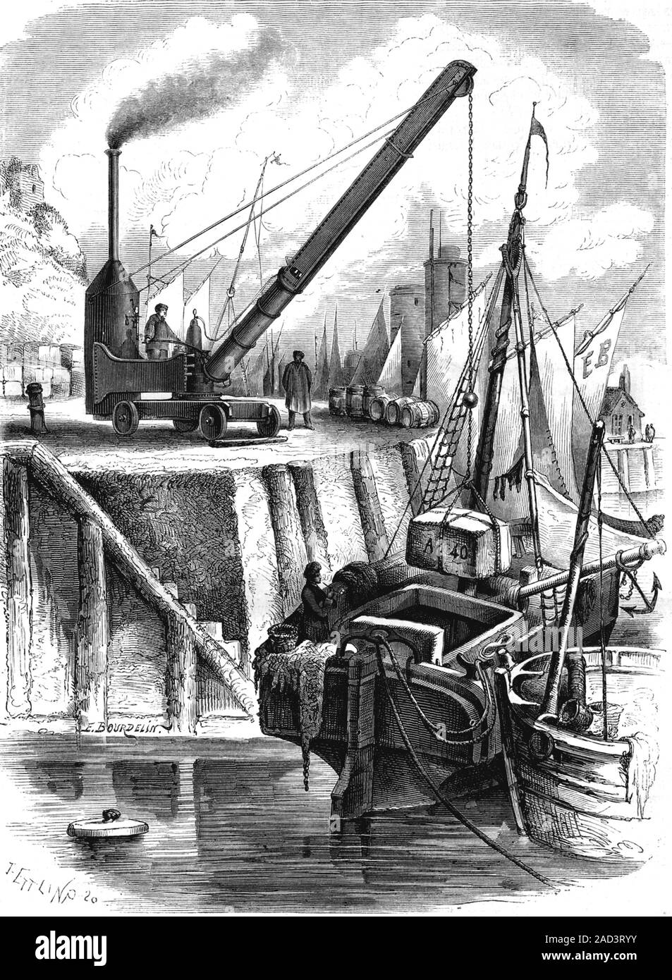 19th Century steam crane. 1892 illustration of a steam-powered crane ...