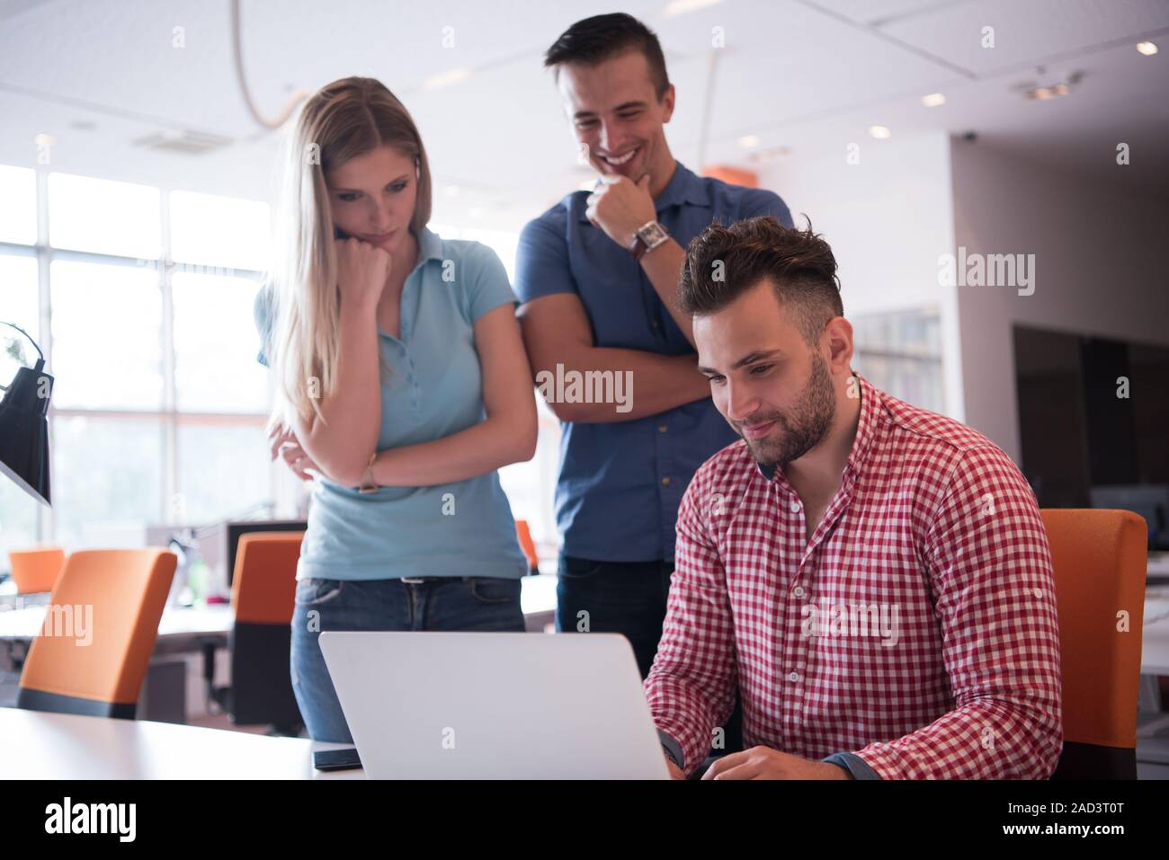 Group of young people employee workers with computer Stock Photo - Alamy