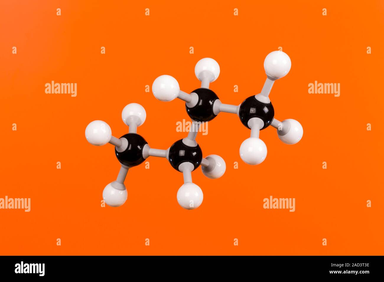 Ball and stick model of a butane molecule. Atoms are represented as ...