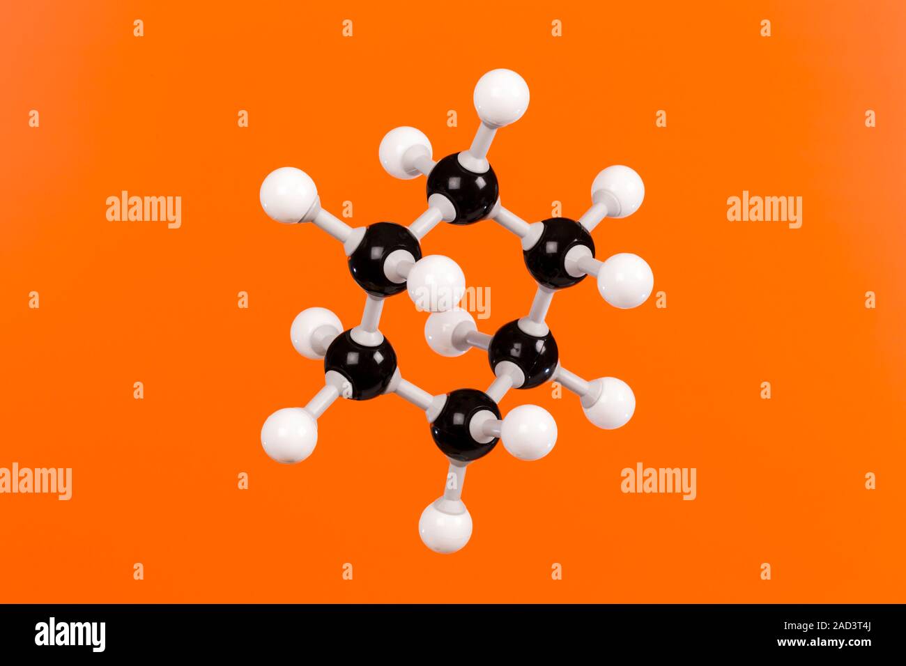 Ball and stick model of a cyclohexane molecule. Atoms are represented ...