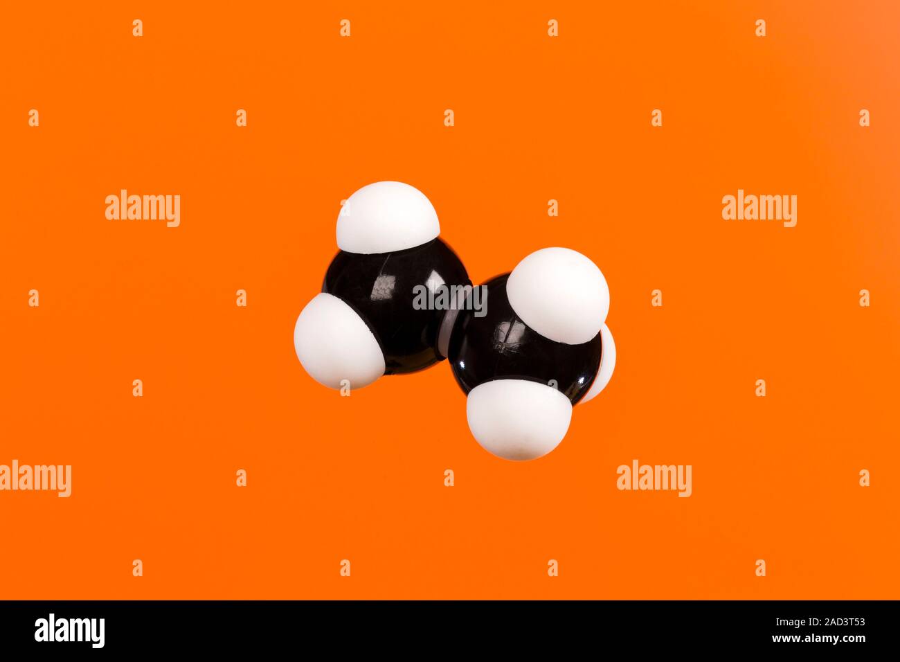 Semi space-filling model of an ethane molecule. Atoms are represented ...