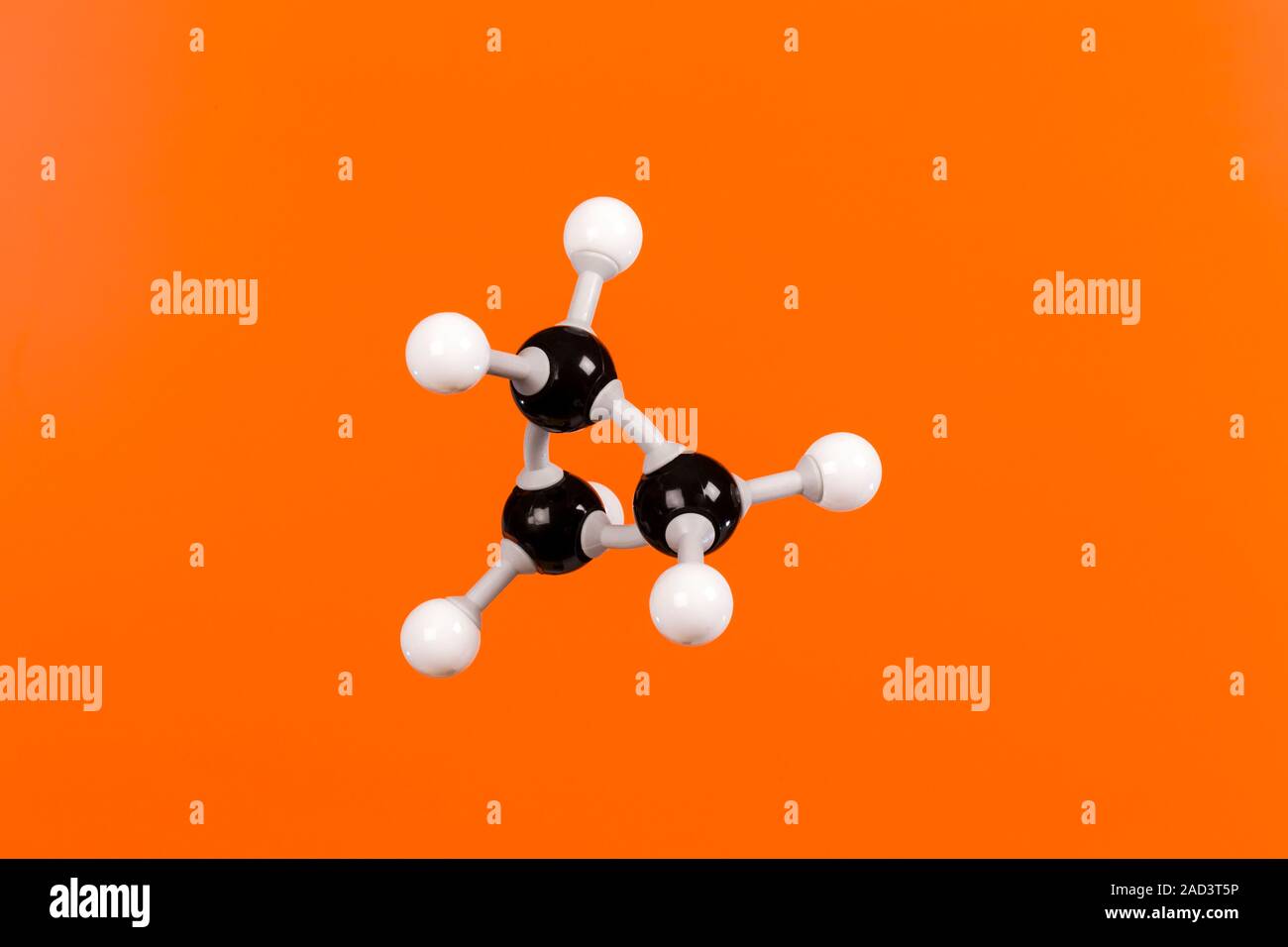 Ball and stick model of a cyclopropane molecule. Atoms are represented ...