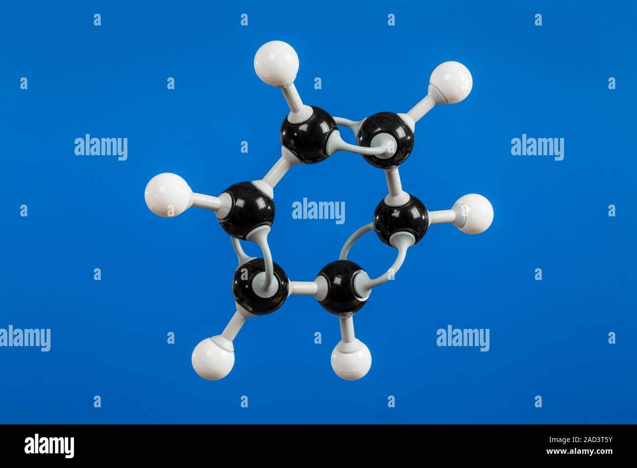 Ball and stick model of a benzene molecule. Atoms are represented as ...