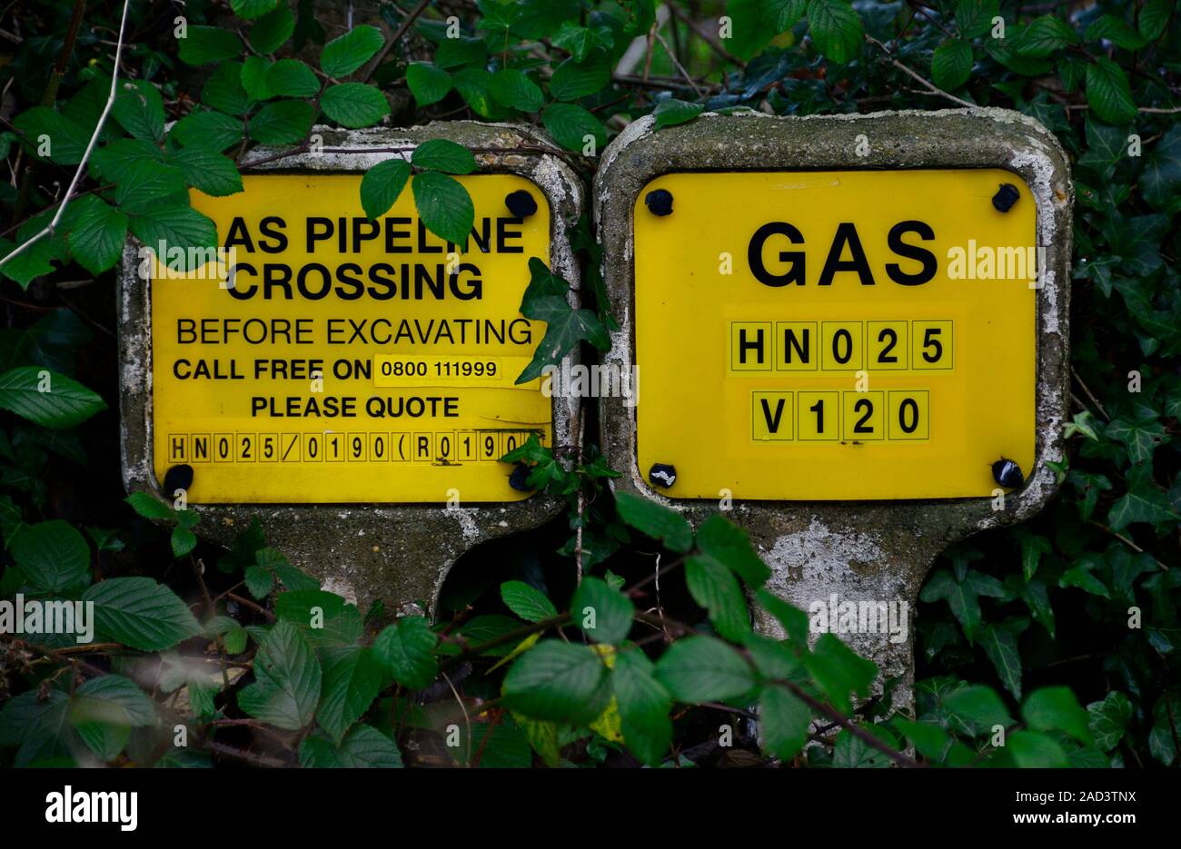 Gas pipeline markers. Signs marking the location of a buried natural ...