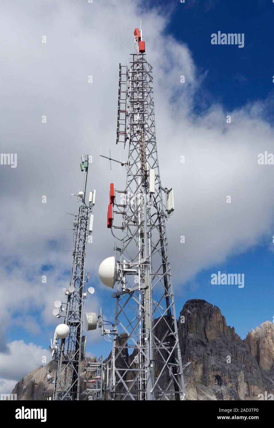 Telecommunications relay station. Microwave antennae (round) and ...