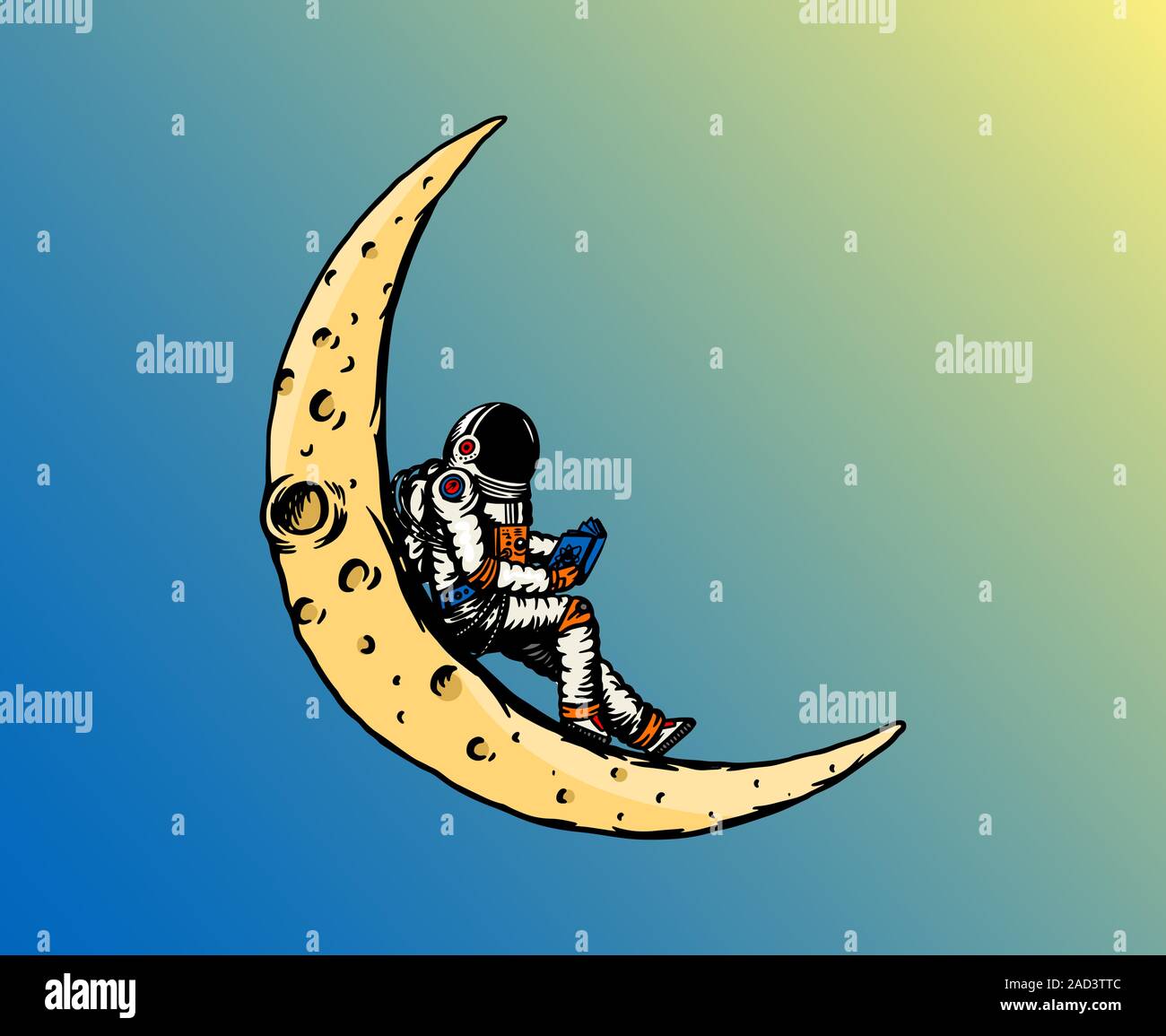 Spaceman on the moon. Astronaut is reading a book. Astronomical galaxy ...