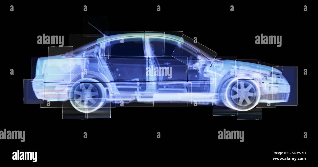 Car. Collage of coloured X-rays, showing the various parts of a car ...