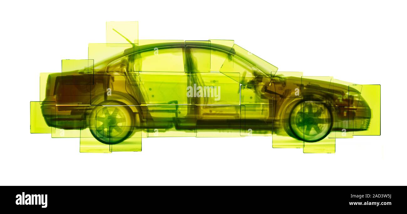 Car. Collage of coloured X-rays, showing the various parts of a car ...