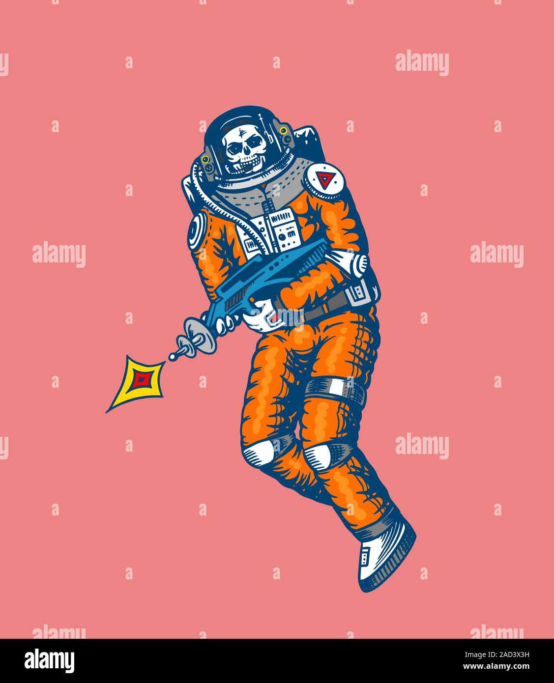 Soaring Spaceman. Skeleton with space weapons. Astronaut in the solar ...
