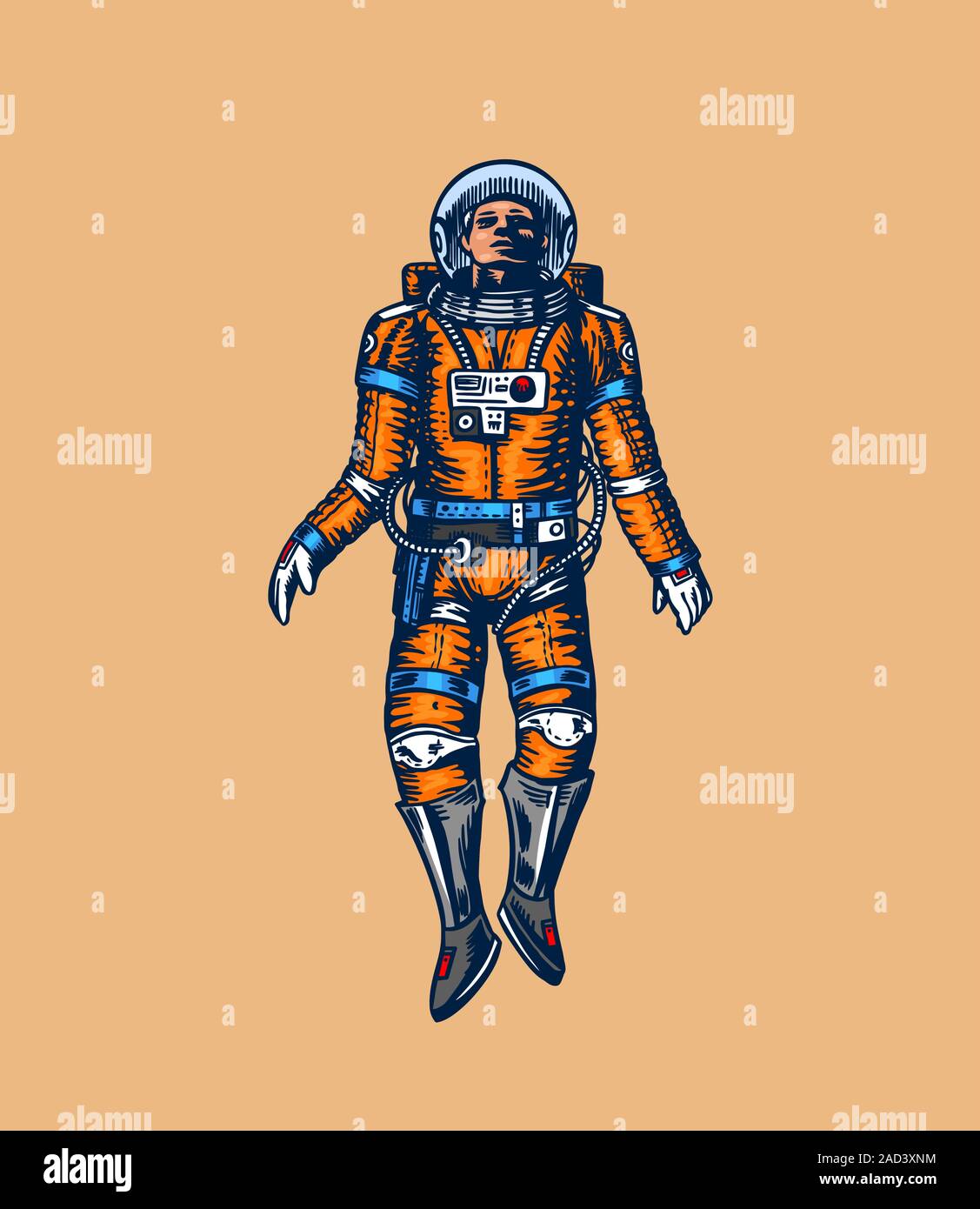 Soaring Spaceman in space. Astronaut in the solar system. Engraved hand ...