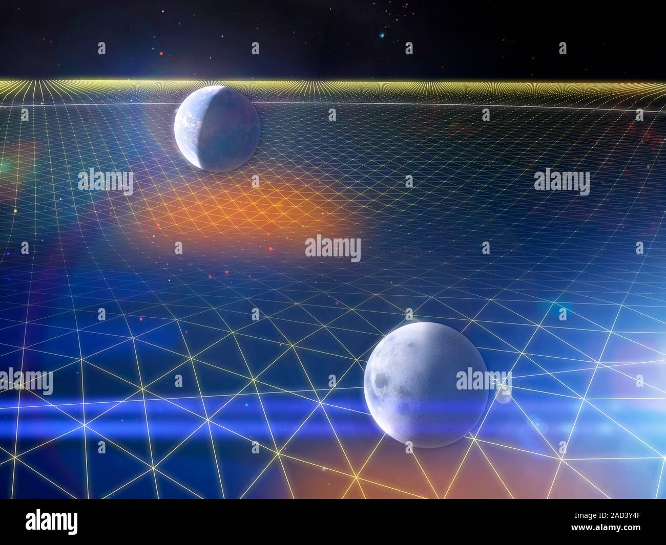 Earth and Moon and space-time. Illustration of the gravitational fields ...