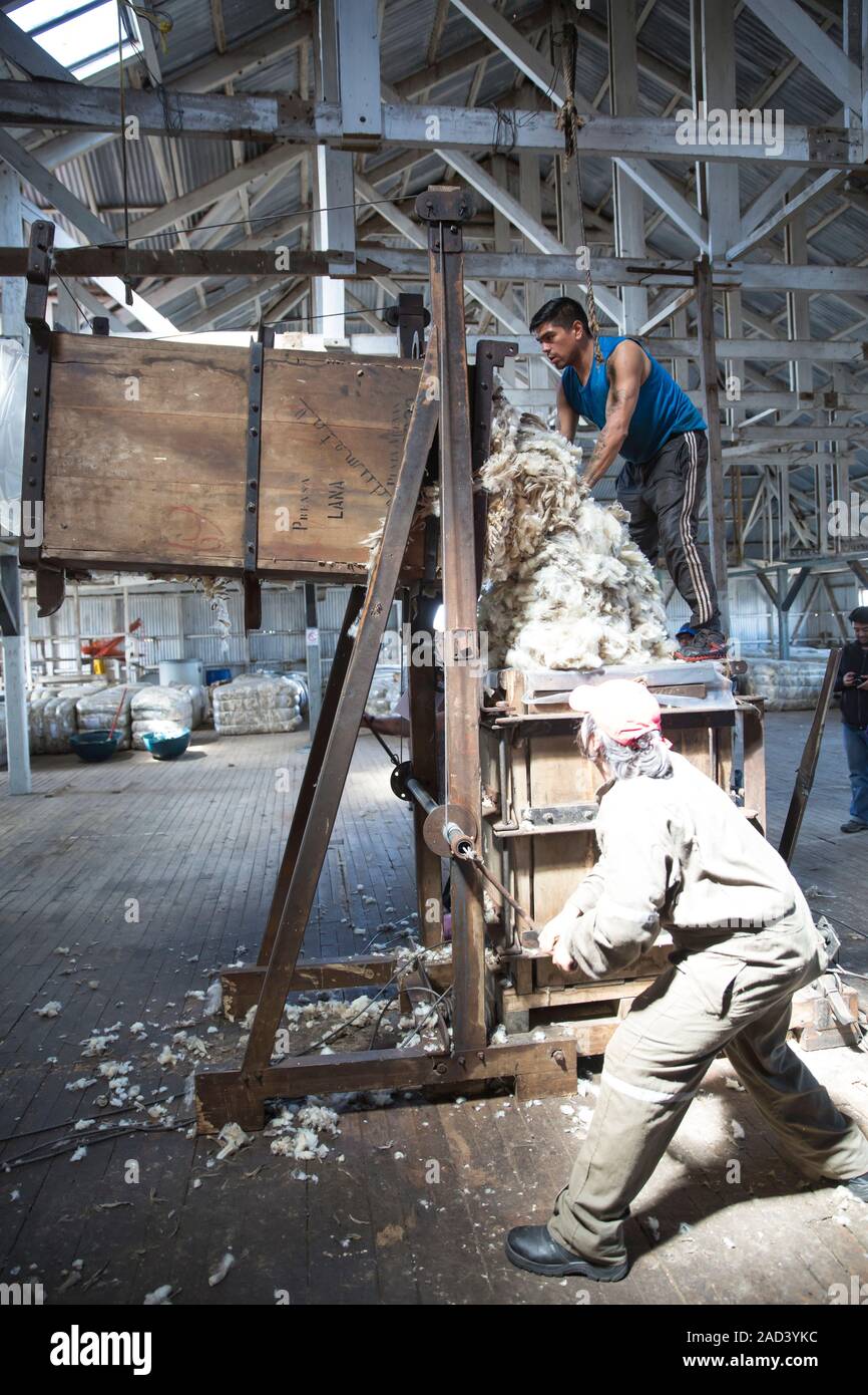 Workers use a traditional wooden wool press to compact between 40-60 ...