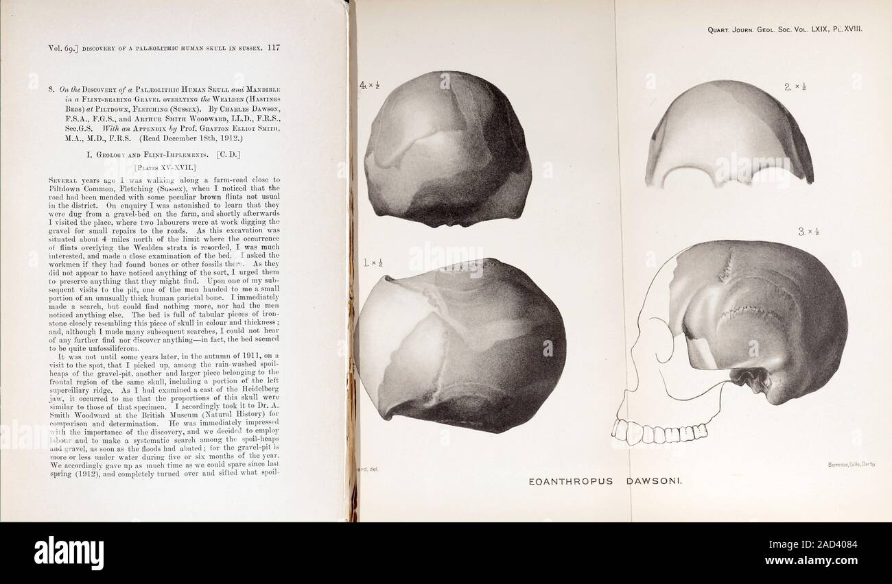 Piltdown Man skull and paper. Original journal paper announcing the ...