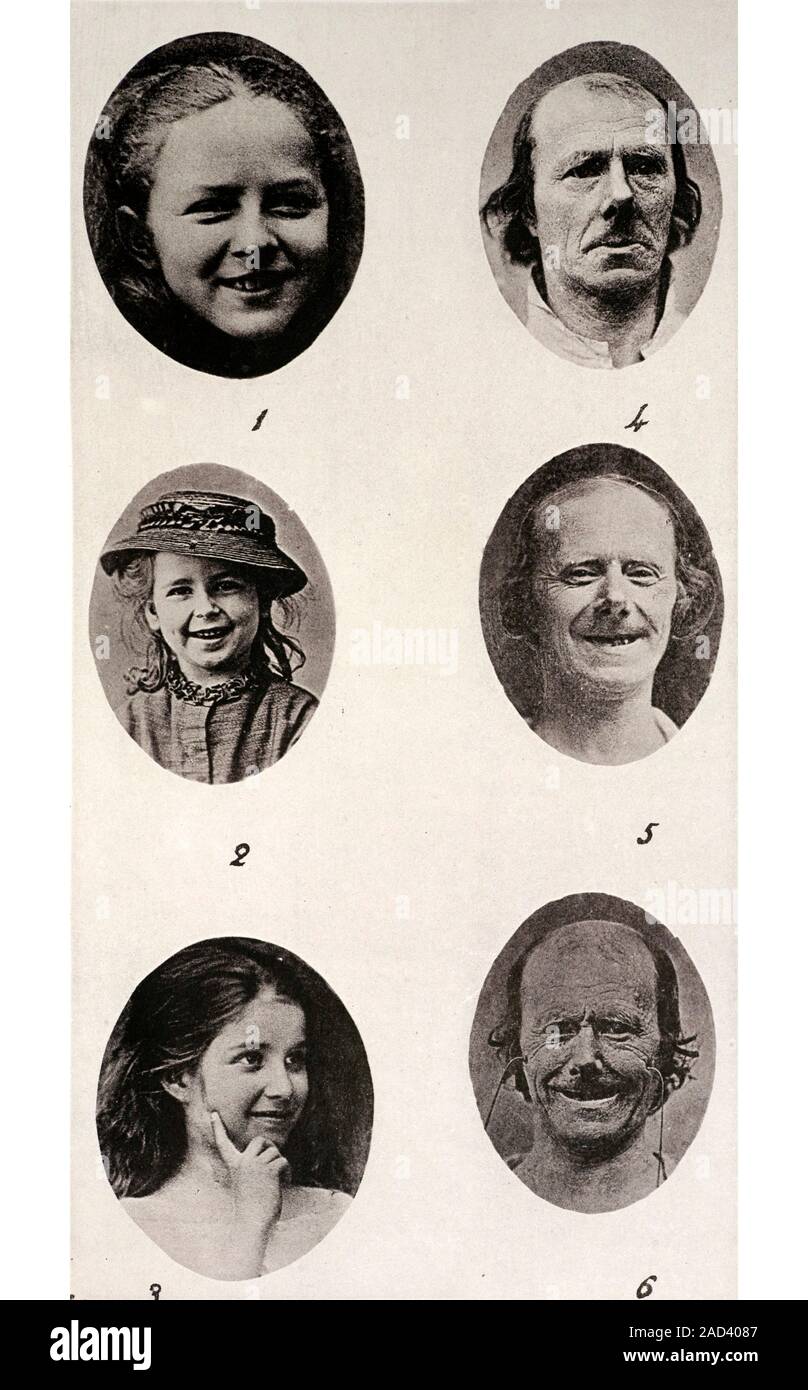 Darwin on human emotions. Heliotype illustration of smiling expressions ...
