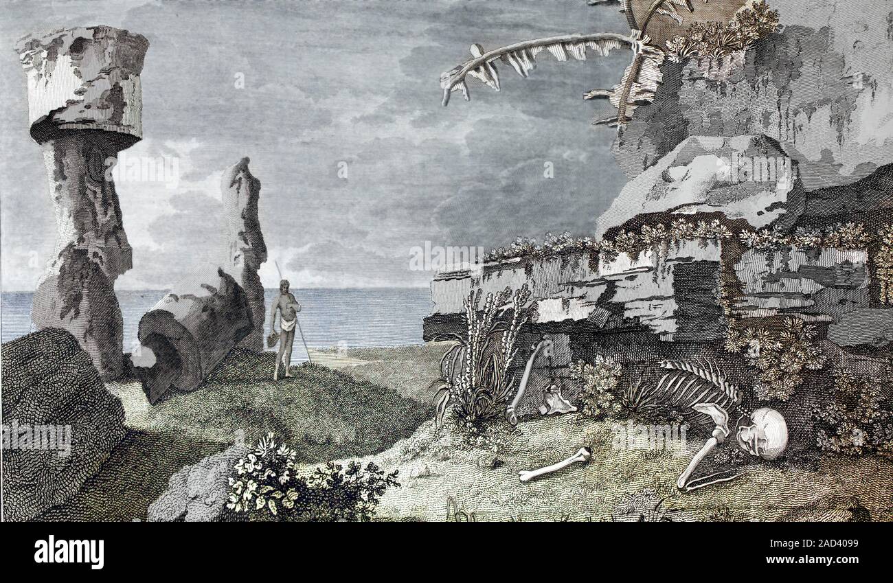 Desolation of Easter Island. 18th-century illustration showing Moai ...