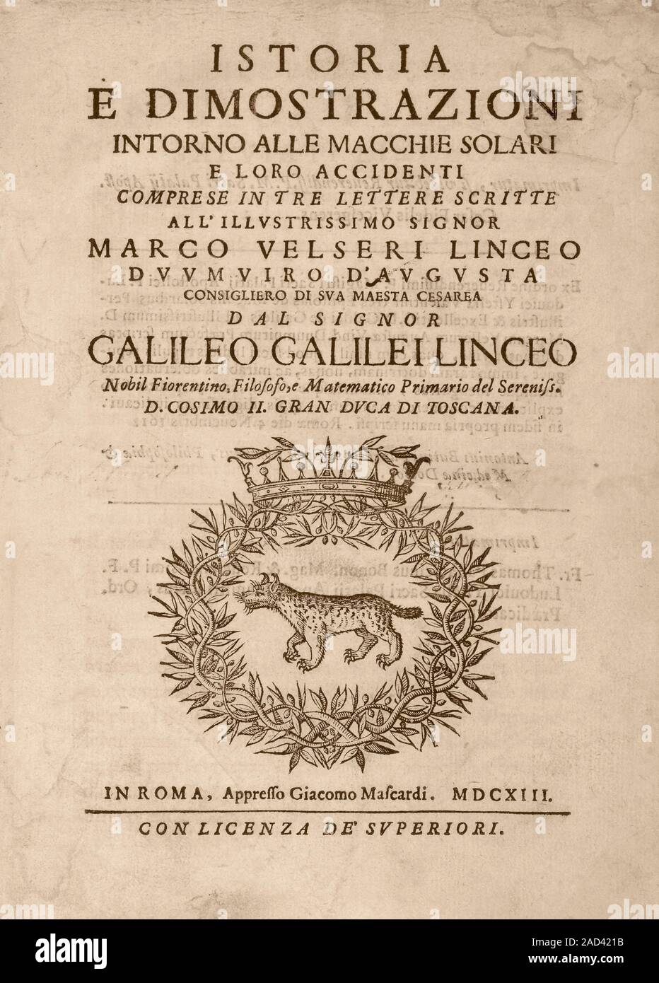 Galileo on sunspots. Title page of 'Istoria' (1613) by Italian ...