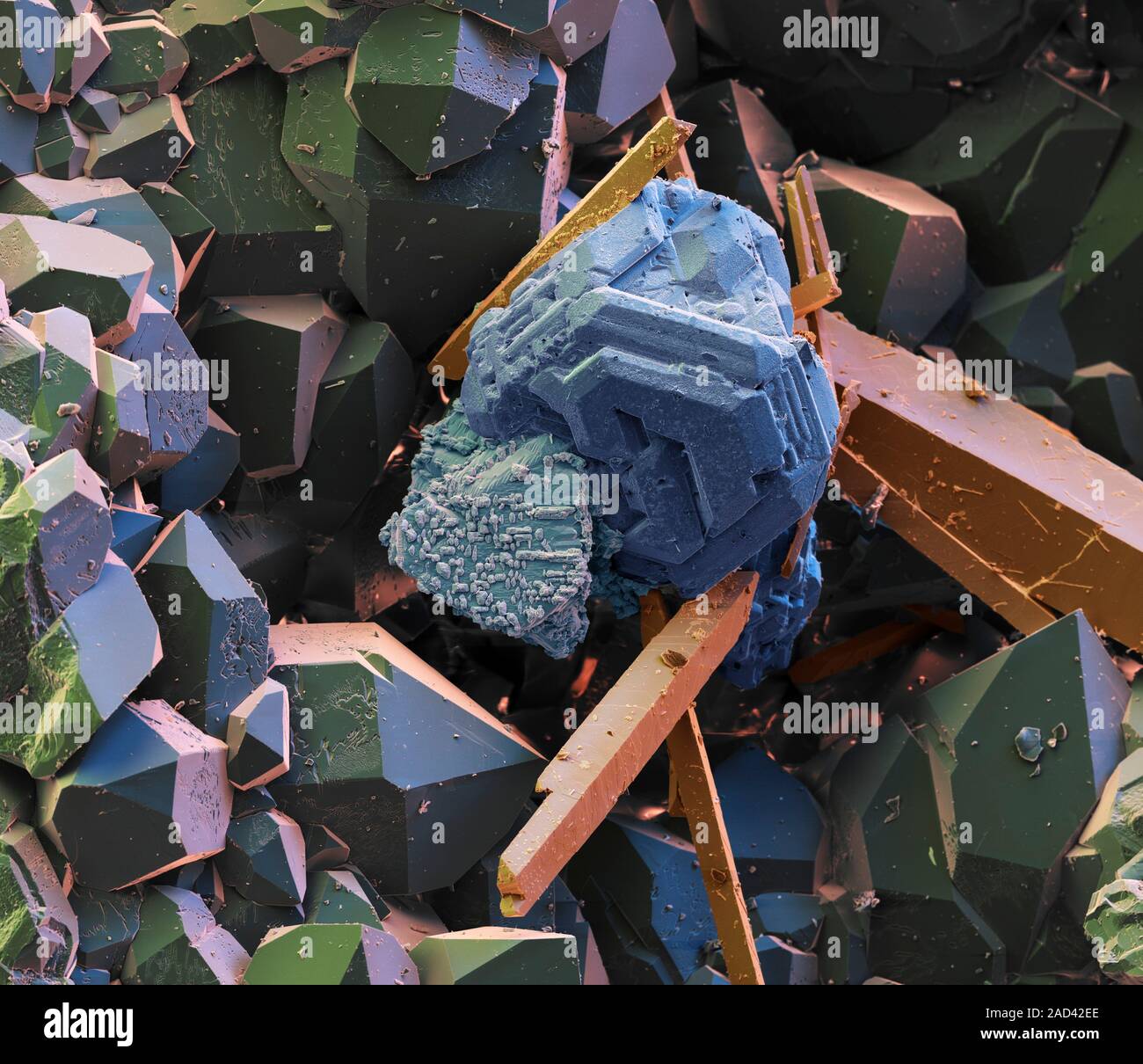 Matildite crystals. Coloured scanning electron micrograph (SEM) of a ...