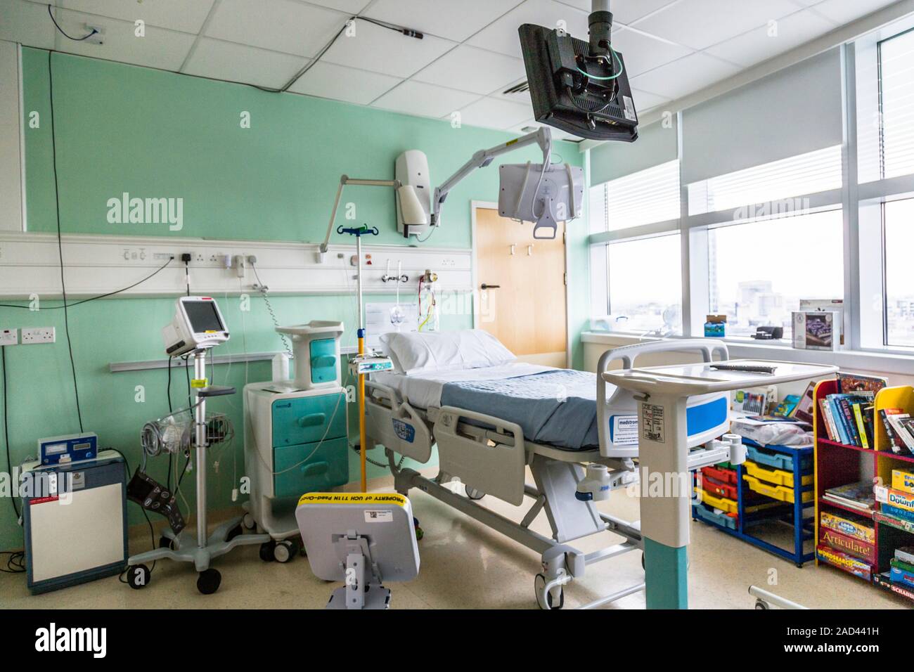 Paediatric radiotherapy ward. Hospital bed on a ward for children ...
