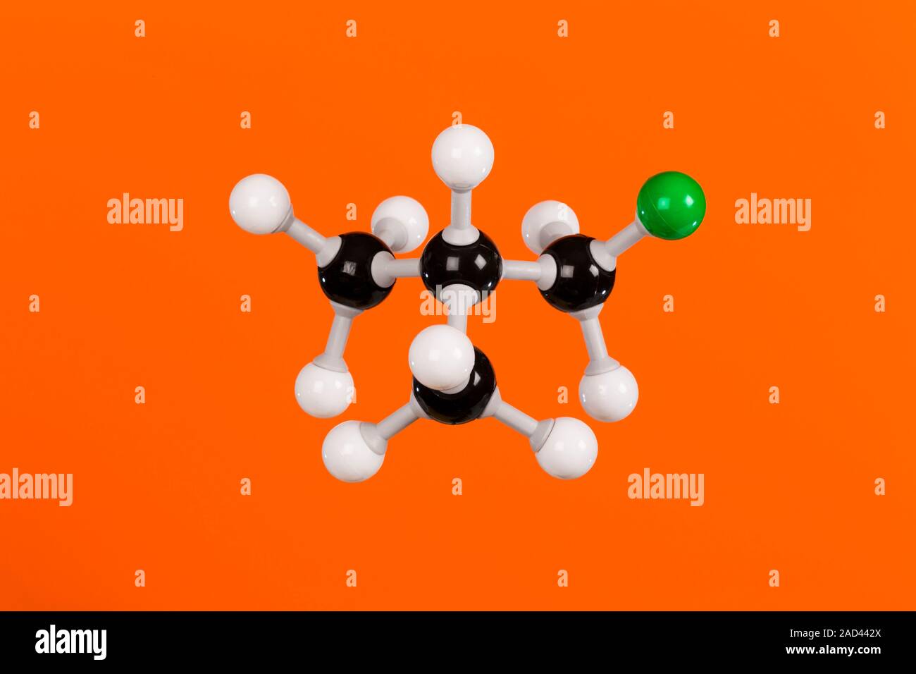 1-chloro-2-methylpropane, ball and stick molecular model. 1-chloro-2 ...