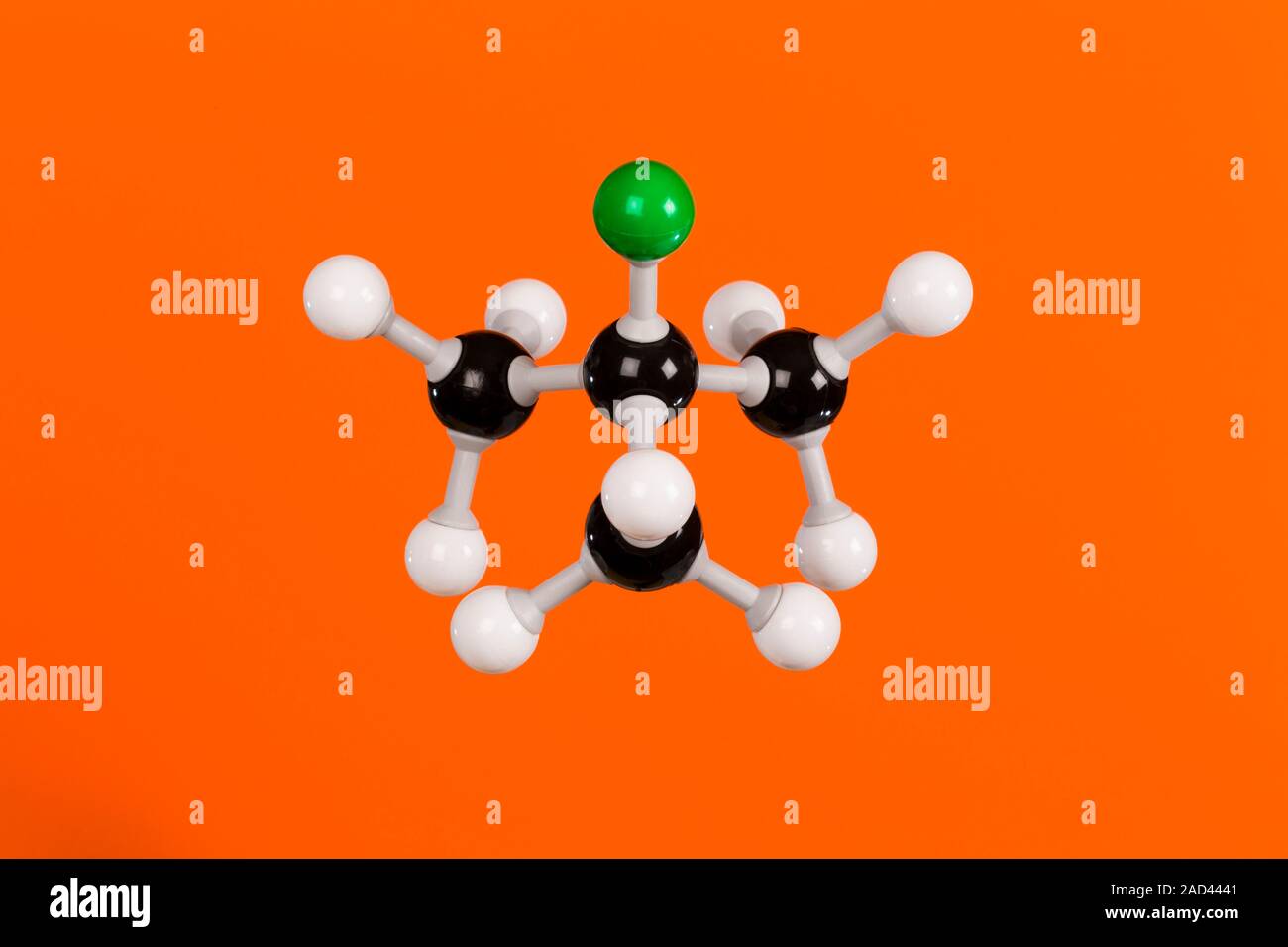 2-chloro-2-methylpropane, ball and stick molecular model. This is one ...