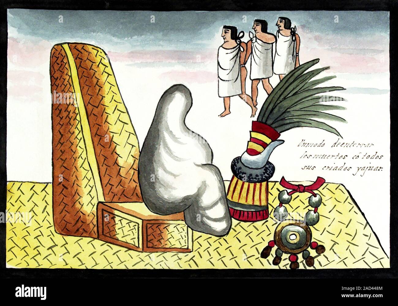 Aztec burial ritual, 16th century. Illustration of the shrouded body of ...
