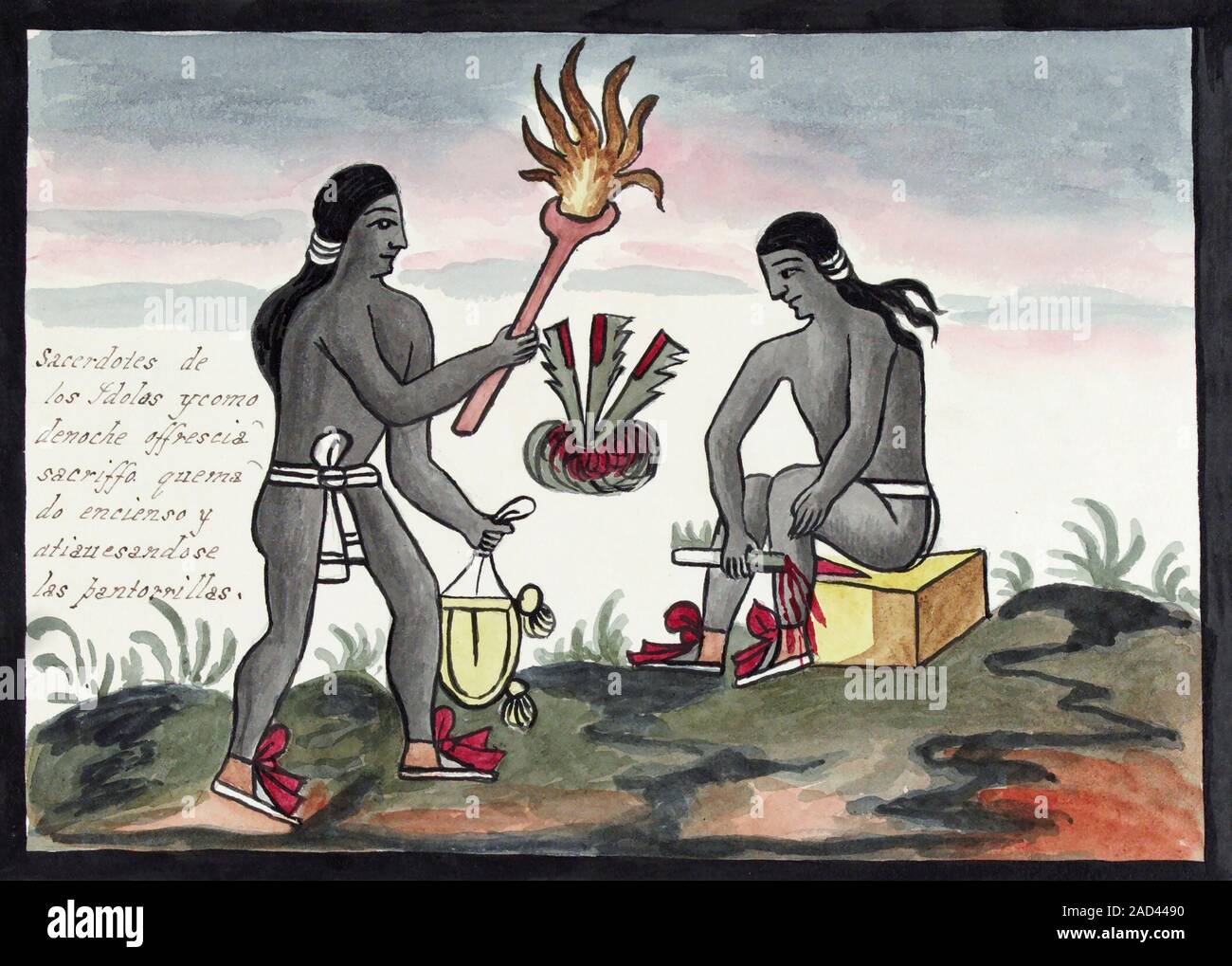 Aztec blood sacrifices, 16th century. Illustration of two Aztec priests (tlamacazqui) with blue ...