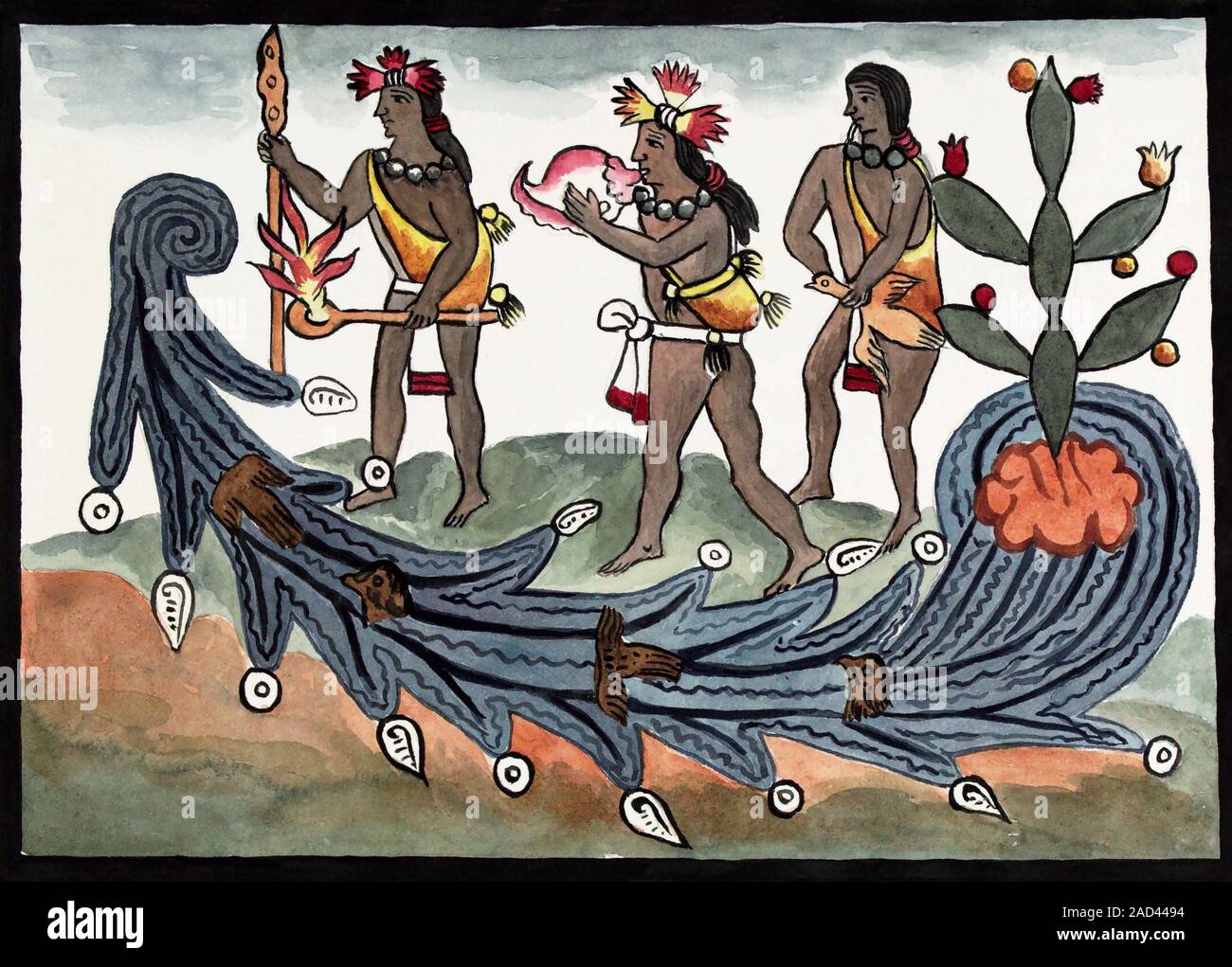 Aztec drought rituals, 16th century. Illustration of priests with jade ...