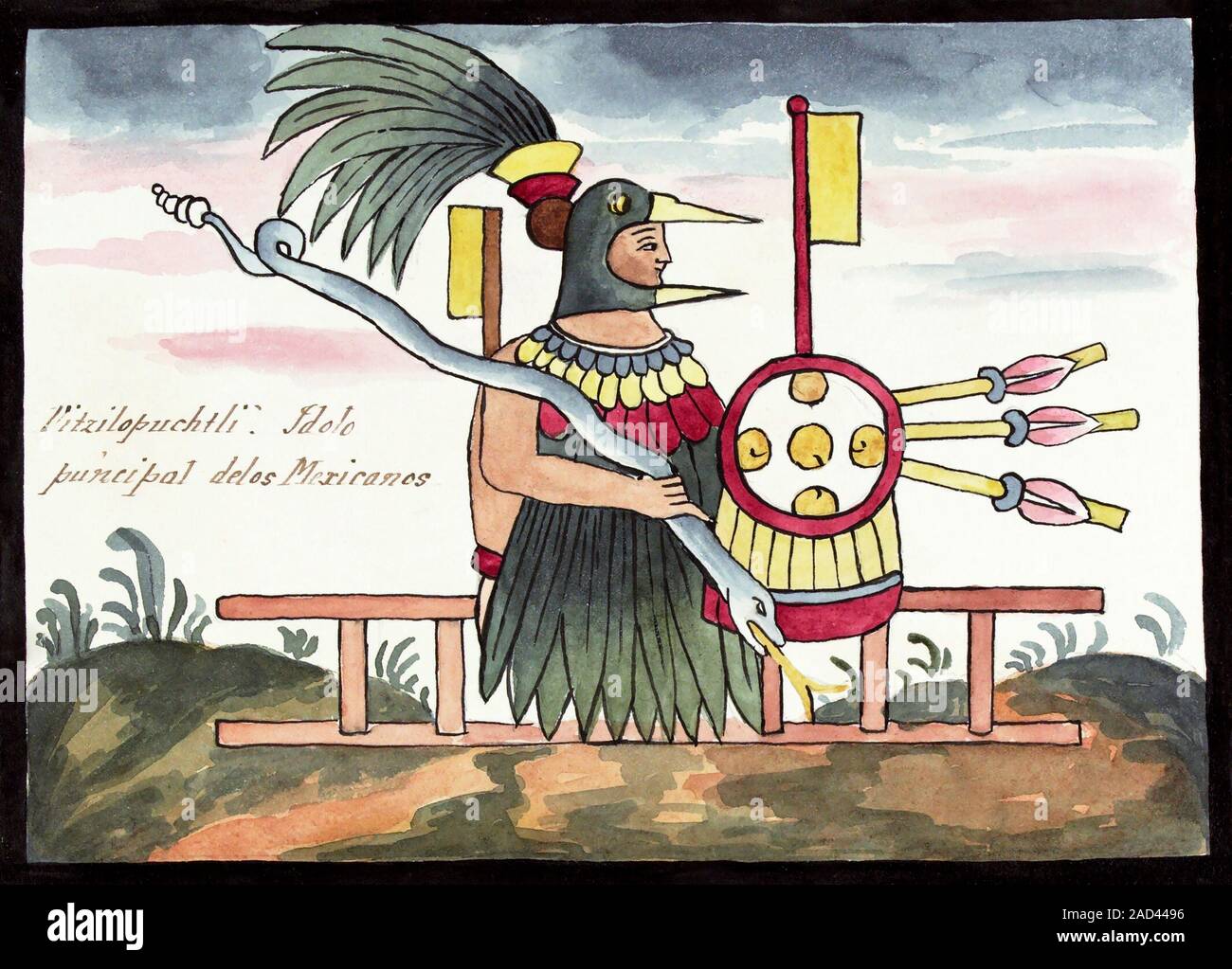 Aztec deity Huitzilopochtli, 16th century. Illustration of ...