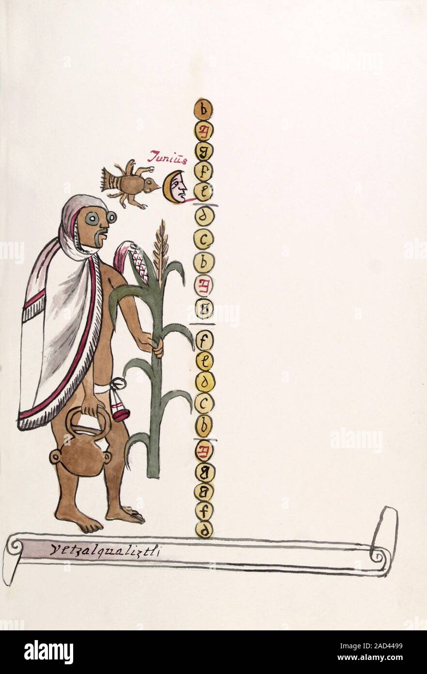 Aztec month Etzalcualiztli, 16th century. Illustration of an Aztec god ...