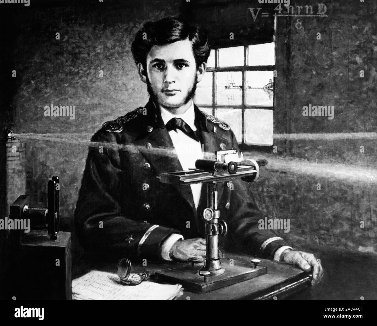 Michelson and his interferometer. Illustration of US physicist and ...