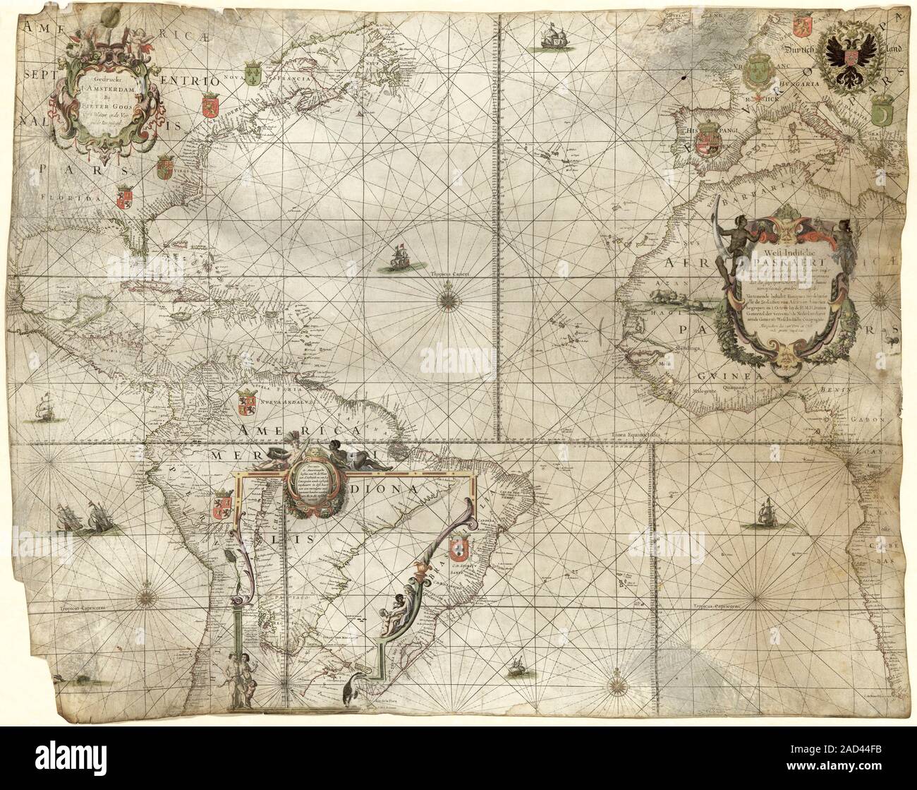 Map of the Atlantic coasts. 17th-century map of the Atlantic Ocean and ...